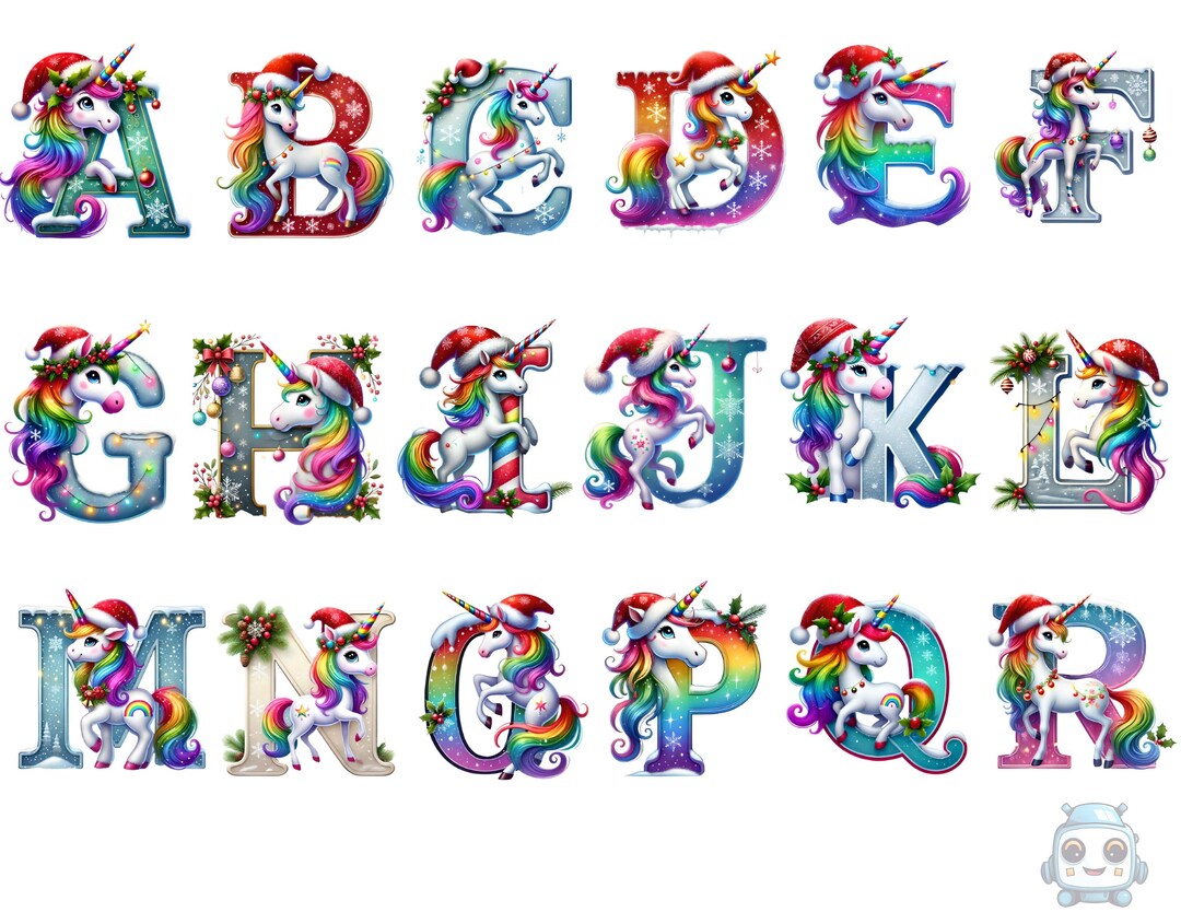 Christmas Unicorn Alphabet Clipart, Christmas Clipart, PNG Individual ...