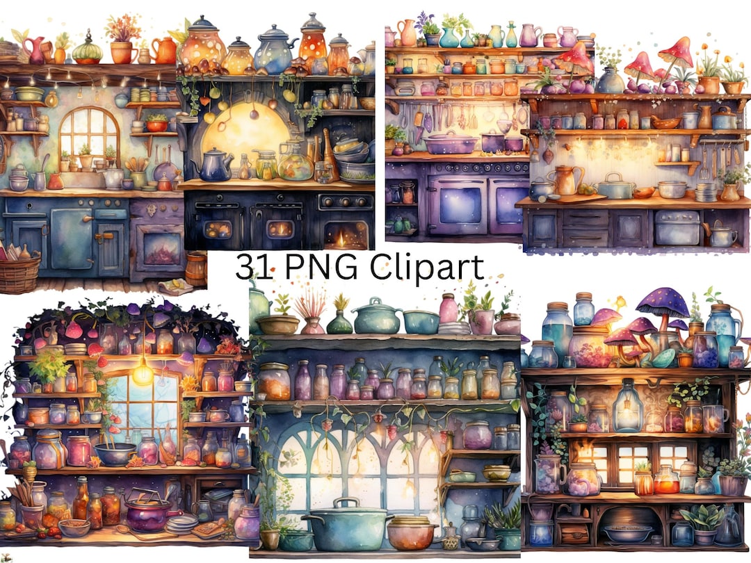 31 Fairy Kitchens Watercolor Clipart, PNG Individual Images on ...