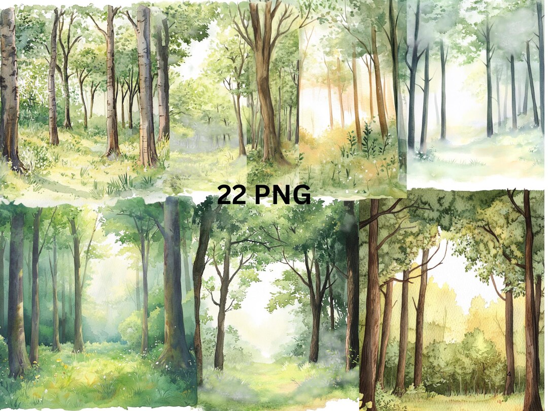 Watercolor Forest Digital Paper - 22 PNG Green Woodland Backgrounds ...