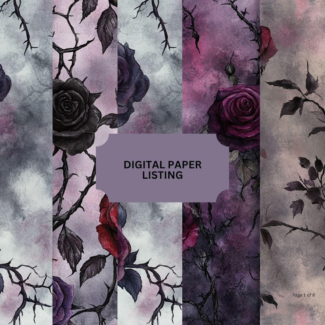 Gothic Thorn Rose Digital Paper – 18 Dark Floral Backgrounds With Black ...