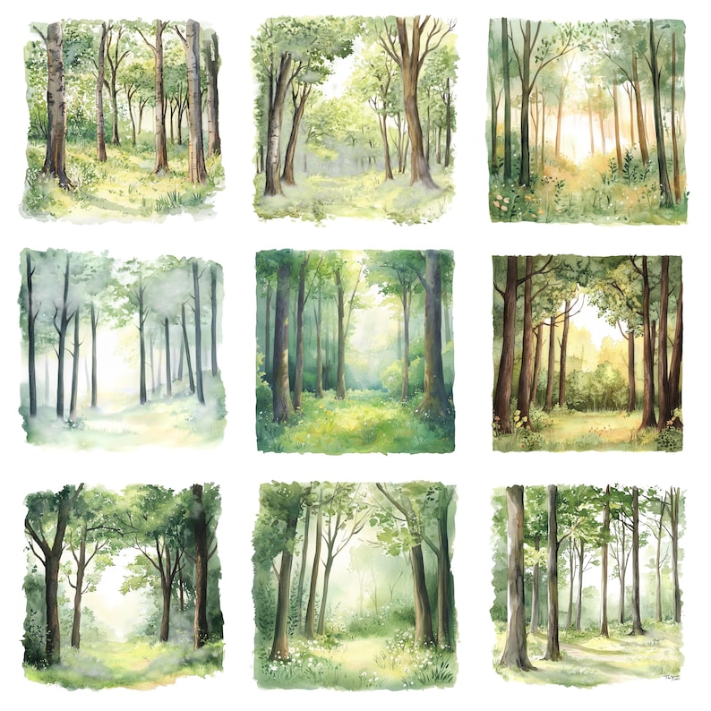 Watercolor Forest Digital Paper - 22 PNG Green Woodland Backgrounds ...