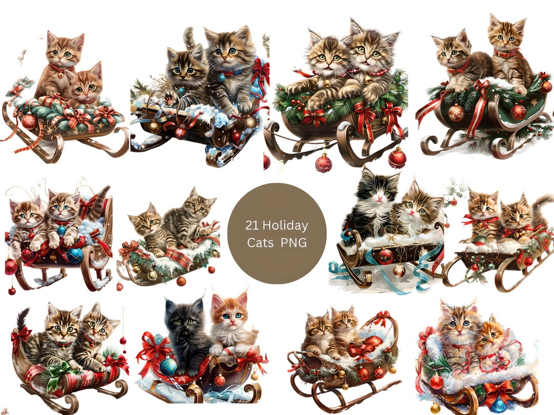 21 Cats on Sled, Christmas Clipart, Festive Cats, PNG Individual Images ...