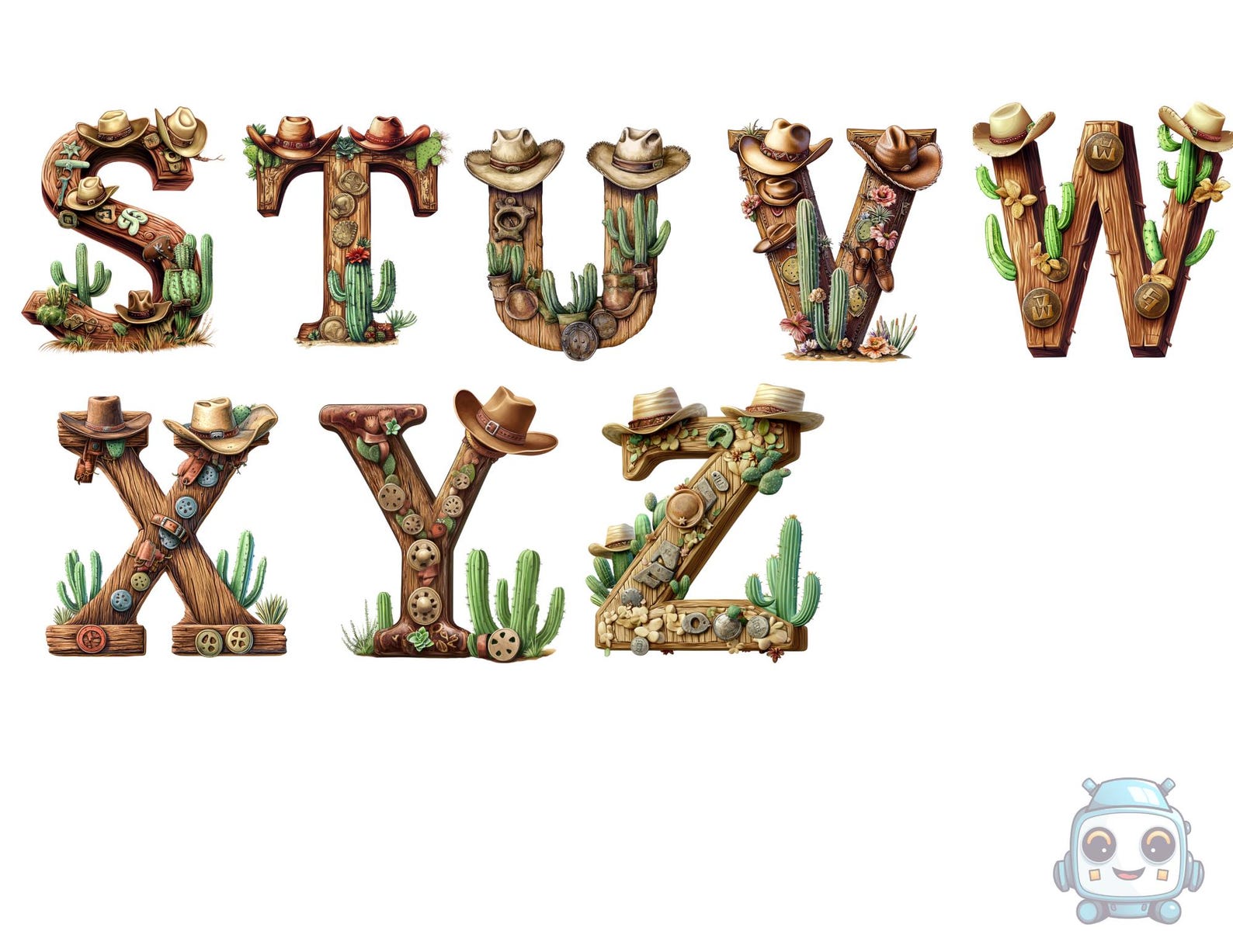 Western Cowboy Alphabet Clipart - Rustic Cactus and Hat Letters PNG ...