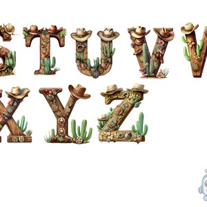 Western Cowboy Alphabet Clipart - Rustic Cactus and Hat Letters PNG ...