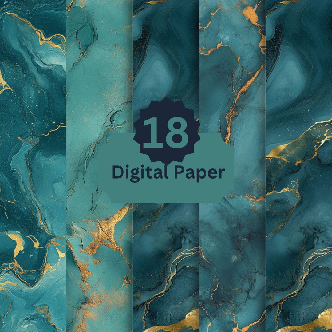 Teal and Gold Marble Digital Paper Pack - 18 Elegant Patterns for ...