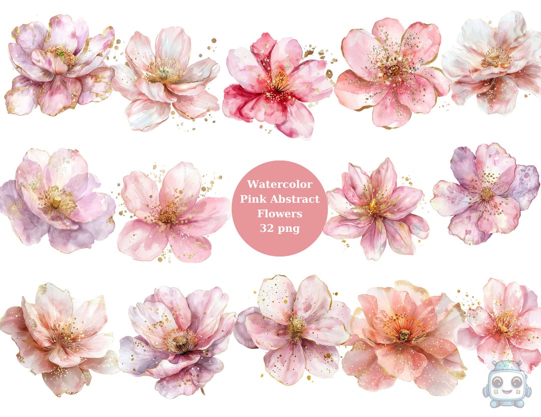 Watercolor Pink Abstract Flowers Clipart, PNG Individual Images on ...