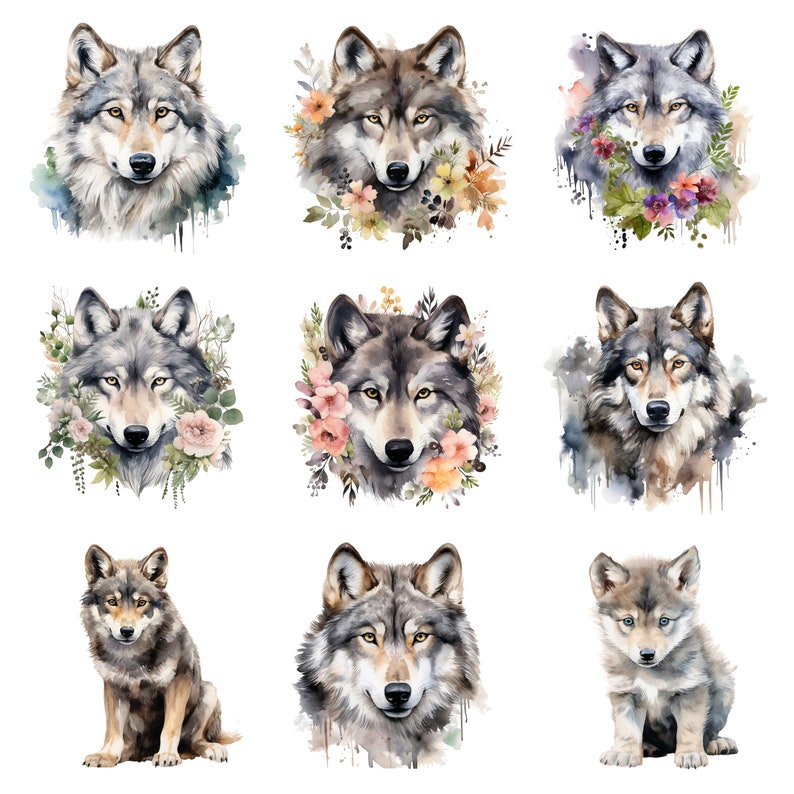 Watercolor Gray Wolves Clipart, PNG Digital Files on Transparent ...