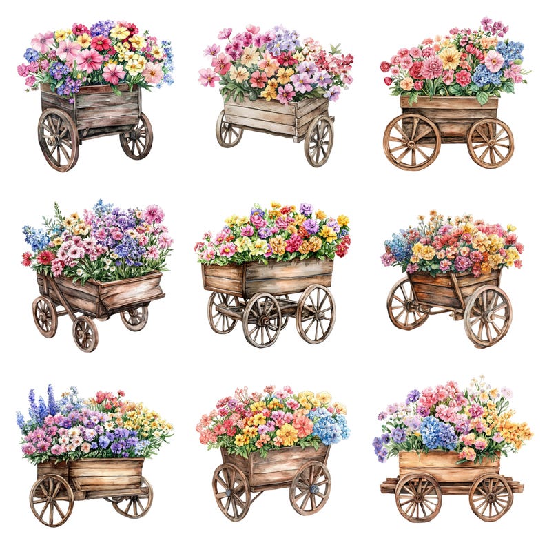 37 Floral Carts Watercolor Clipart, PNG Digital Files on Transparent ...