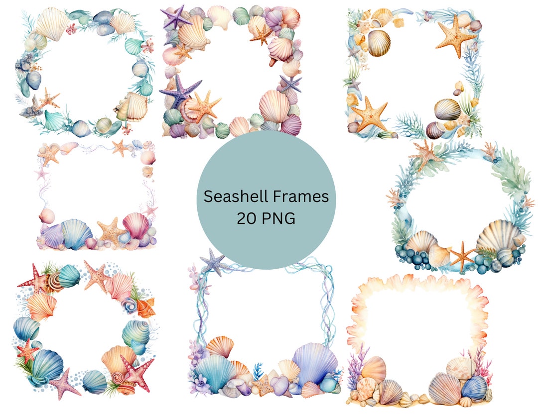 Watercolor Seashell Frames Clipart, Logo Clipart, PNG Digital Files on Transparent Background ...