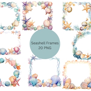 Watercolor Seashell Frames Clipart, Logo Clipart, PNG Digital Files on ...