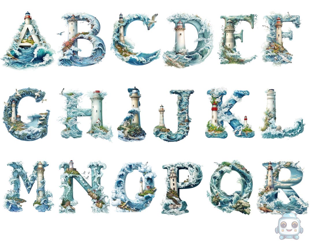Lighthouse Waves Alphabet Clipart - Nautical Coastal Letters PNG ...