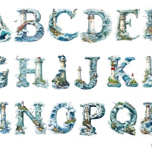 Lighthouse Waves Alphabet Clipart - Nautical Coastal Letters PNG ...