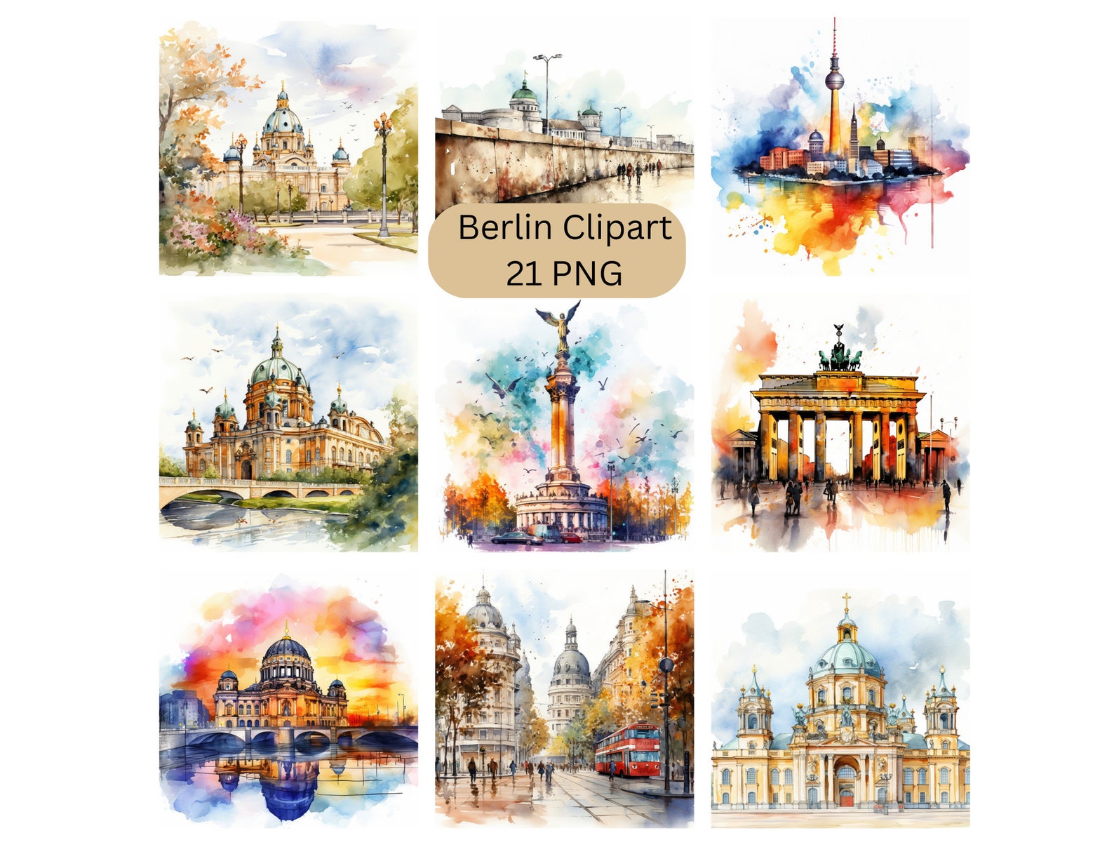 Watercolor Berlin Clipart, PNG Digital Files on Transparent Background ...