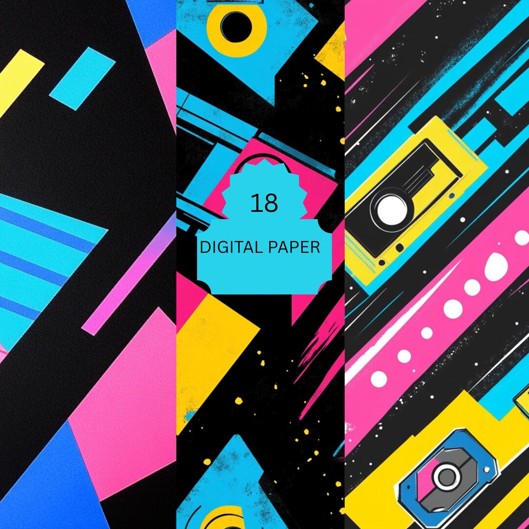 Retro 80s Neon Digital Paper Pack - Cassette Tape and Geometric ...