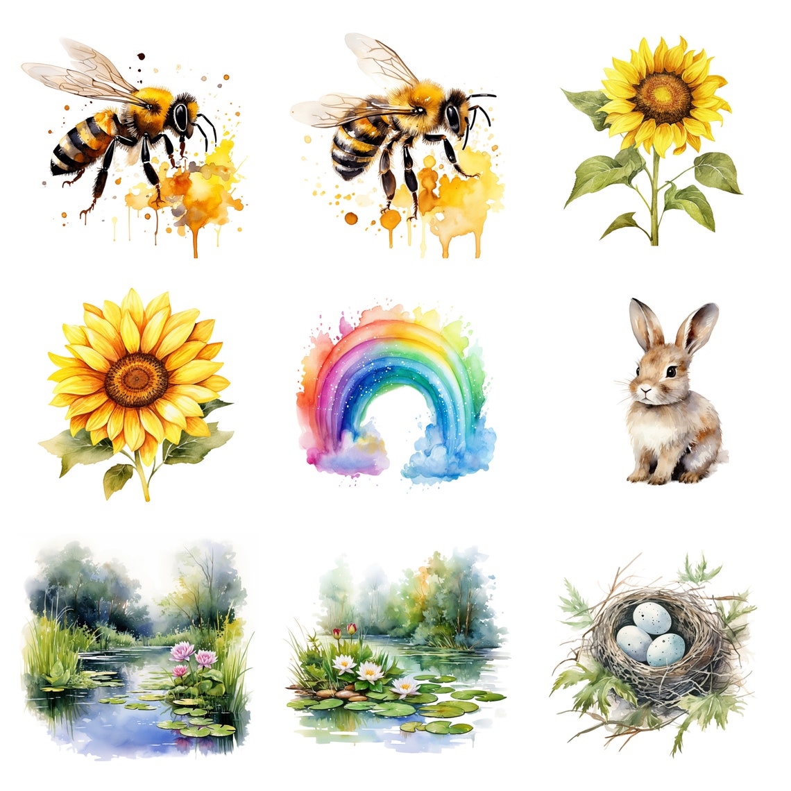 32 Spring Bundle Clipart, Watercolor Clipart, PNG Individual Images on ...