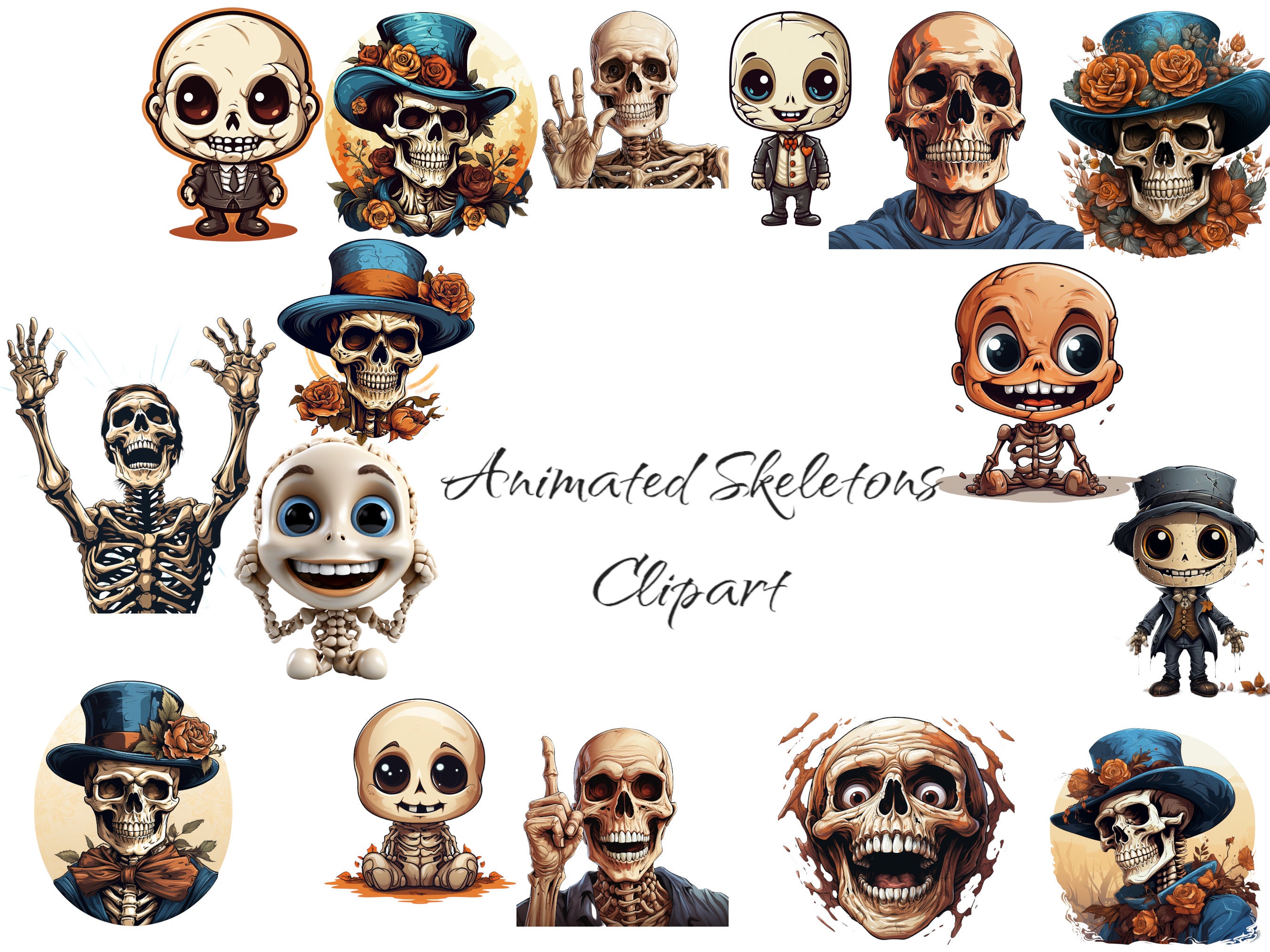 Animated Skeletons Clipart PNG Digital Files on Transparent - Etsy