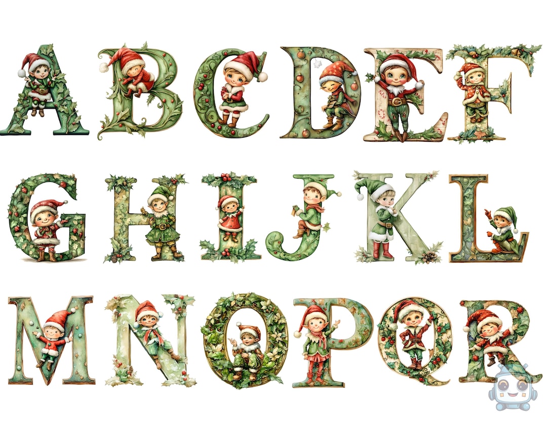 Christmas Elf Alphabet Watercolor Clipart, Christmas Clipart, PNG ...