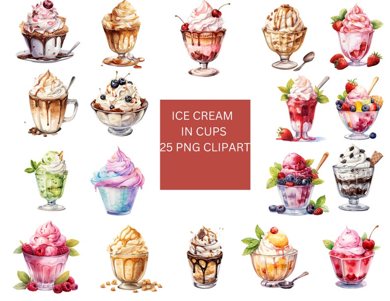 Watercolor Ice Cream in Cups Clipart PNG Digital Files on a - Etsy
