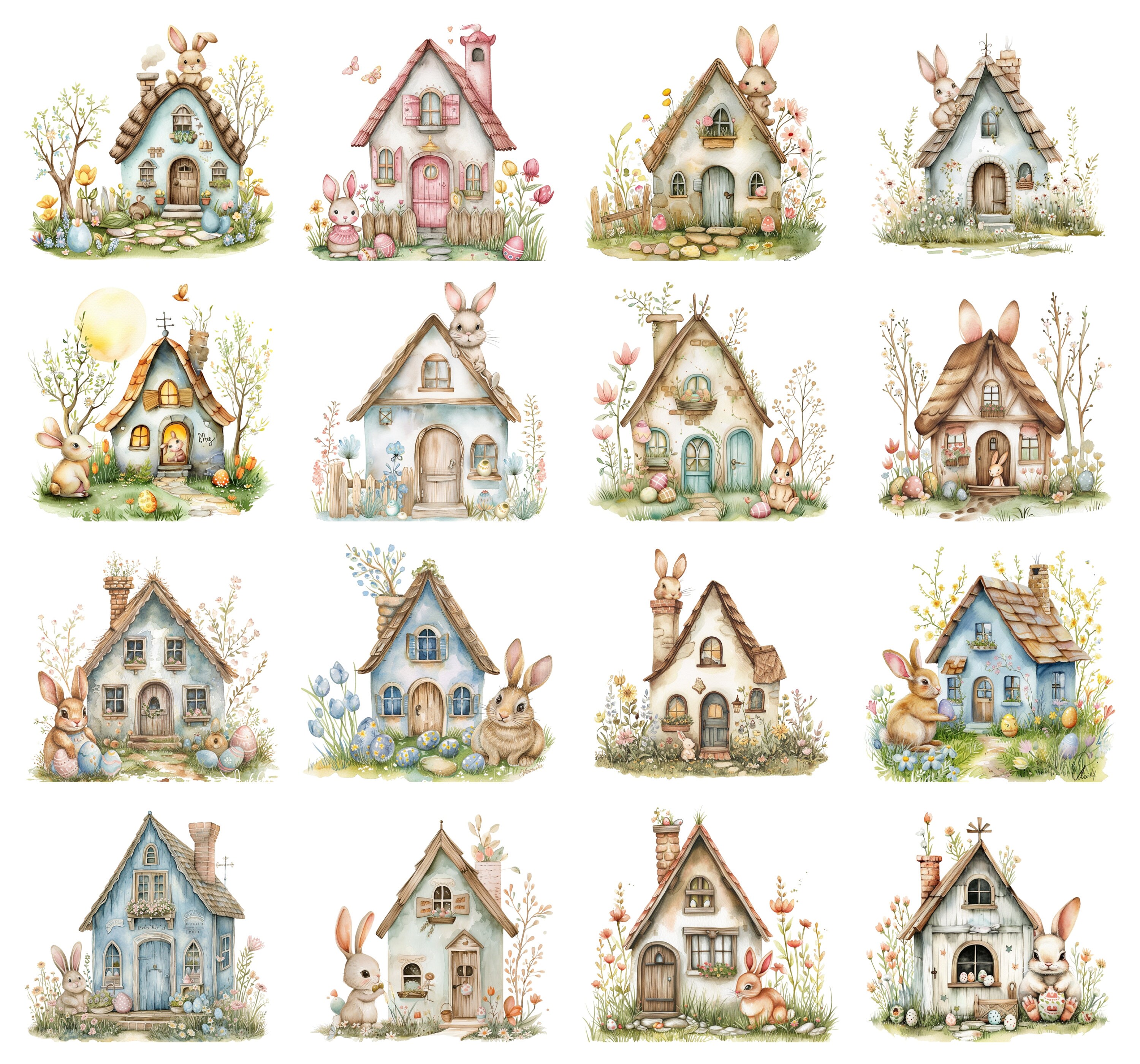 Watercolor Easter Cottage Clipart, PNG Digital Files on a Transparent ...