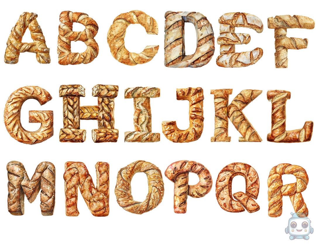 Watercolor Bread Alphabet Clipart, PNG Individual Images on Transparent ...