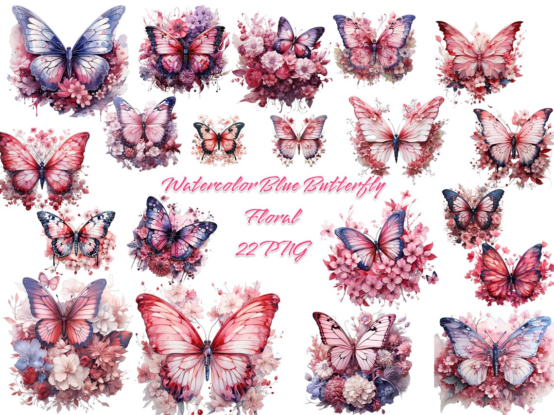 Watercolor Pink Butterfly Floral Clipart PNG Digital Files - Etsy