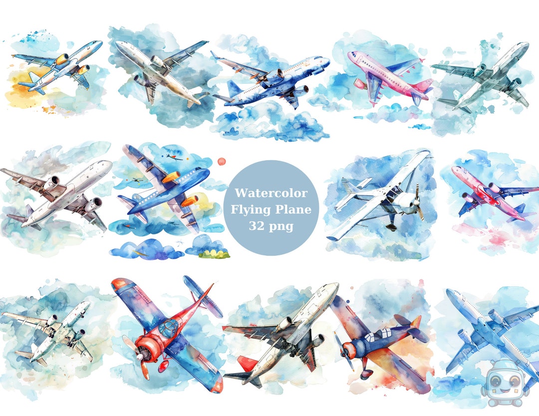 Watercolor Flying Plane Clipart, PNG Digital Files on Transparent ...