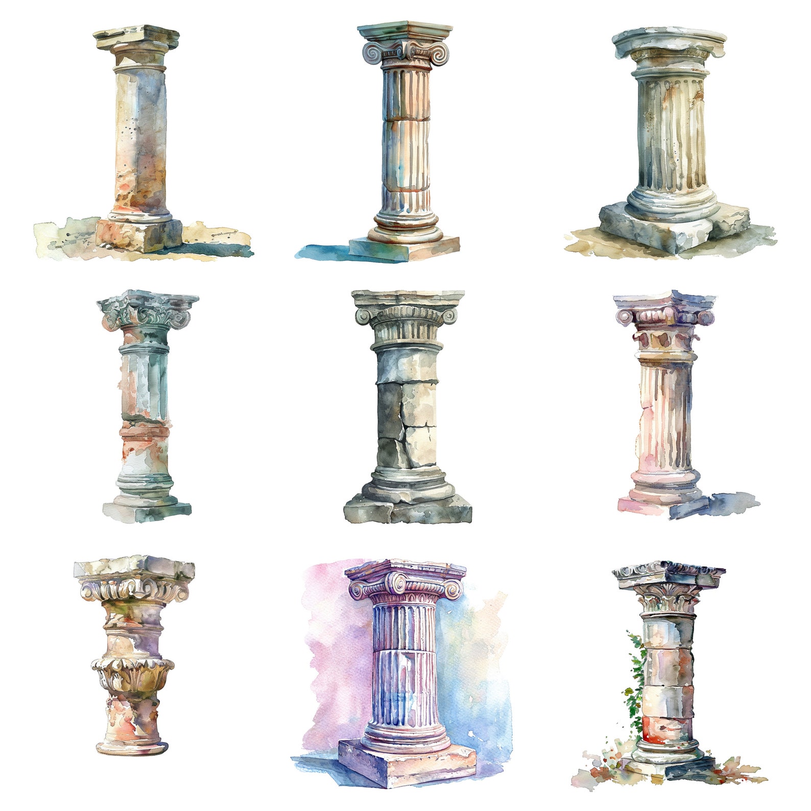 Watercolor Pillars Clipart, PNG Digital Files on Transparent Background ...