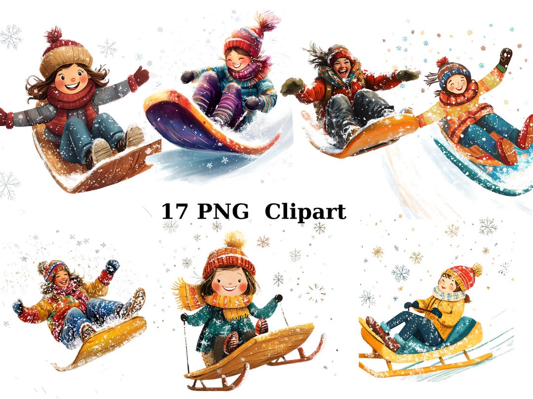 17 Kids on Sleds Watercolor Clipart, Winter Clipart, PNG Individual ...