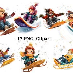 17 Kids on Sleds Watercolor Clipart, Winter Clipart, PNG Individual ...