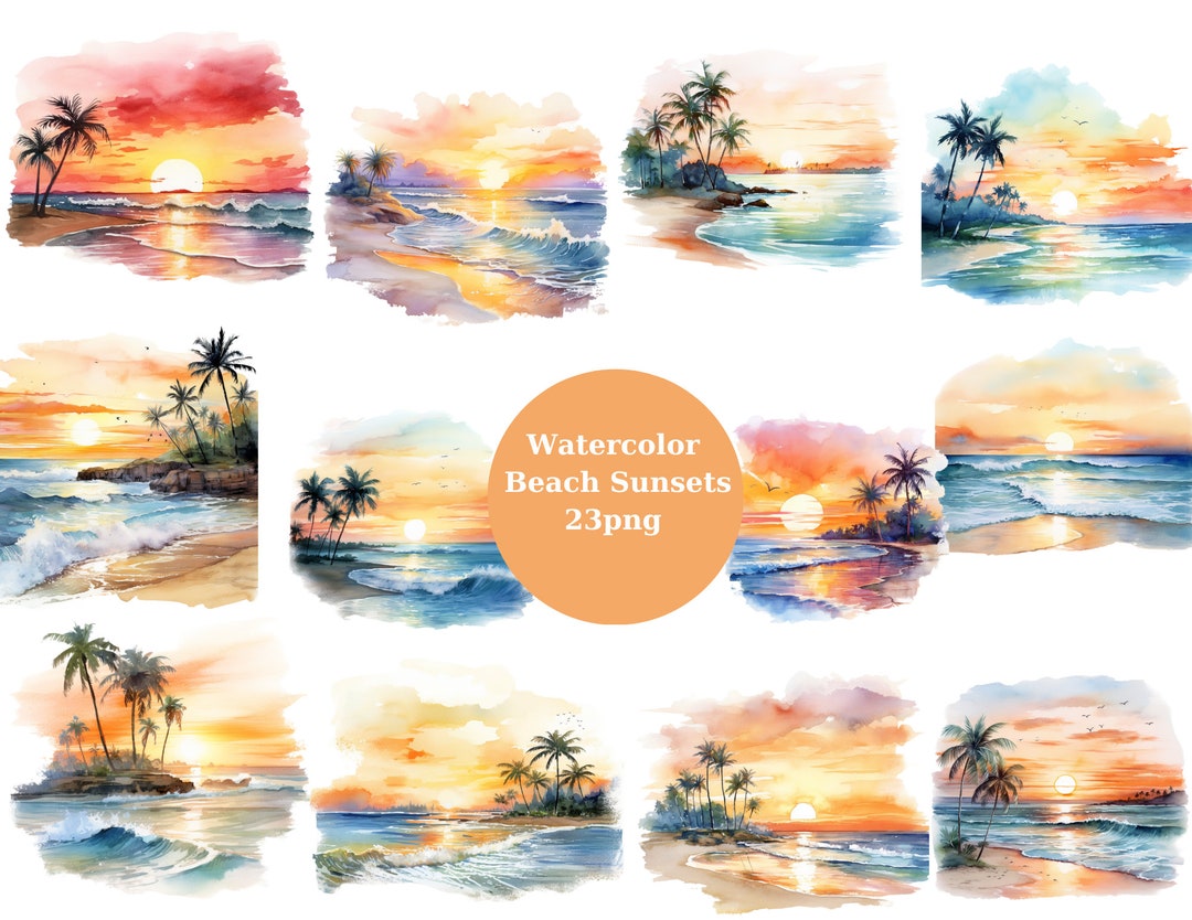 Watercolor Beach Sunsets Clipart, Digital Graphics for Commercial Use ...