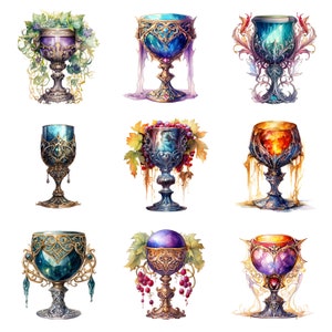 Watercolor Fantasy Goblets Clipart, PNG Digital Files on Transparent Background, Sublimation ...