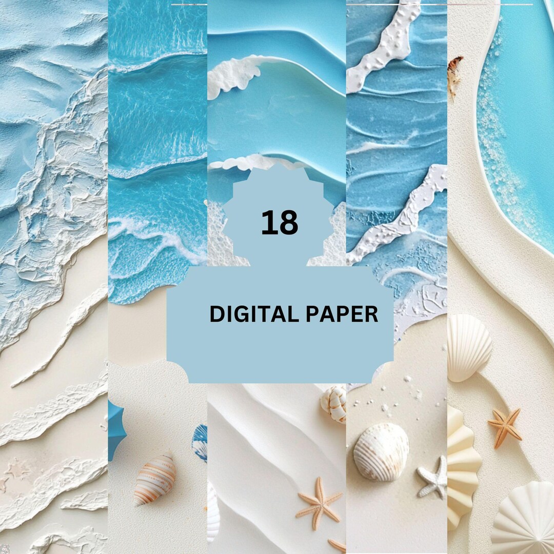 Luxury Ocean Digital Paper Pack – 3D Blue Waves, White Sand & Seashell ...
