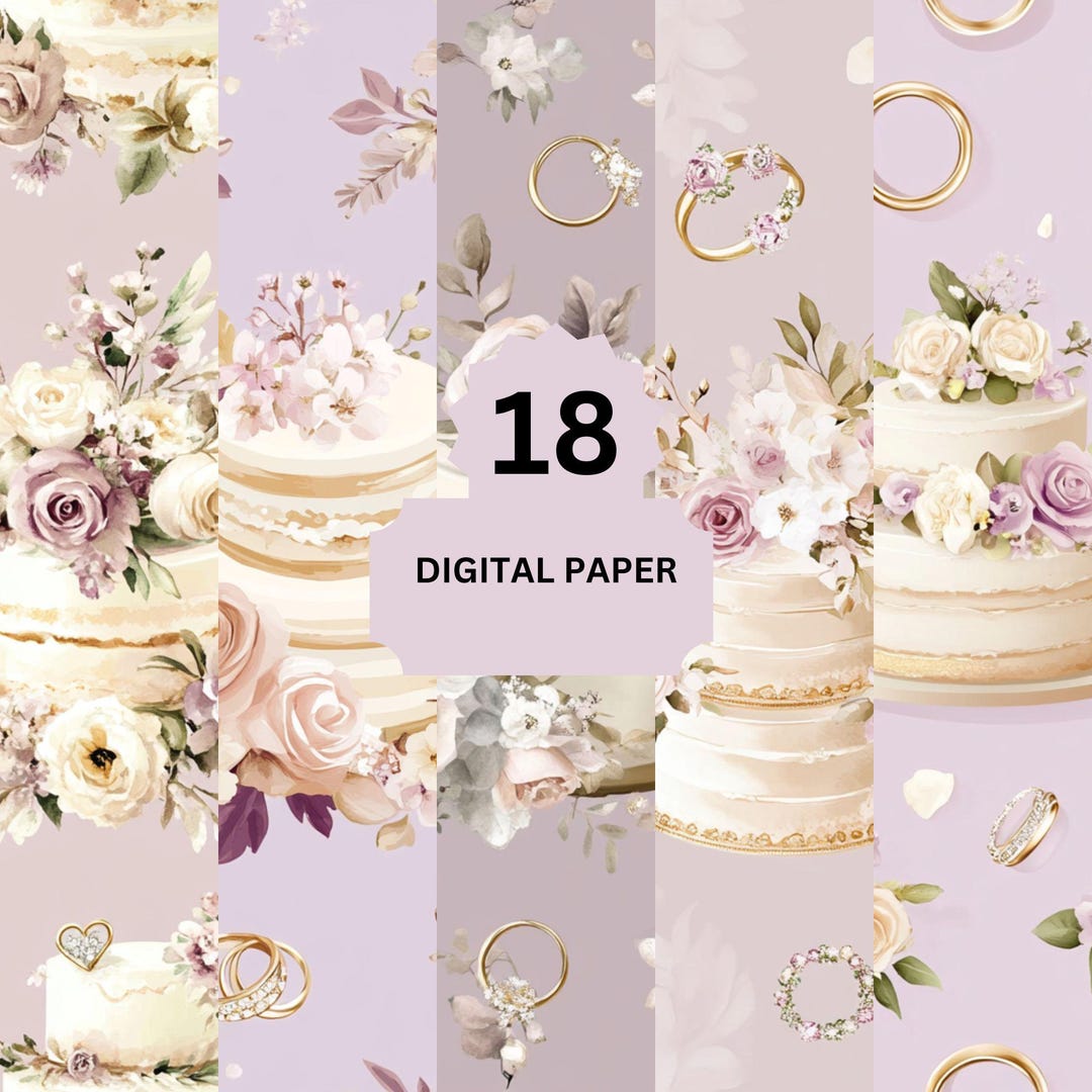 Lavender Wedding Cake Digital Paper – 18 Blush Floral & Gold Ring ...