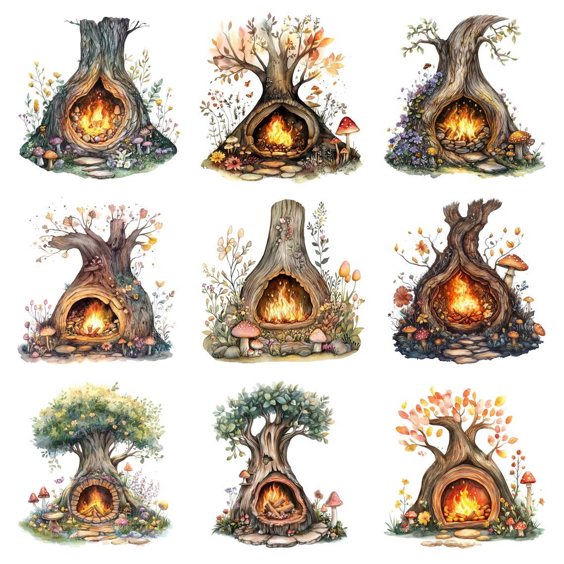 30 Hearths in Tree Trunk Watercolor Clipart, PNG Digital Files on ...