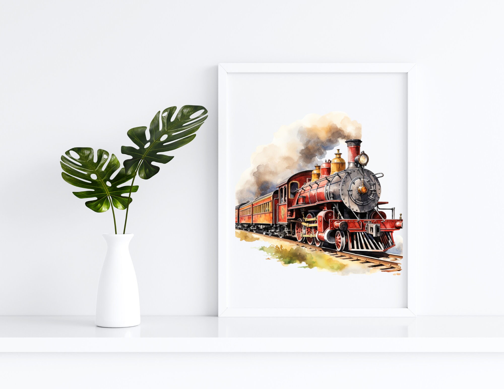 Watercolor Vintage Trains Clipart, PNG Digital Files on a Transparent ...