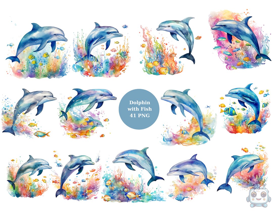 41 Dolphins With Fish Watercolor Clipart, Ocean Clipart, PNG Individual ...