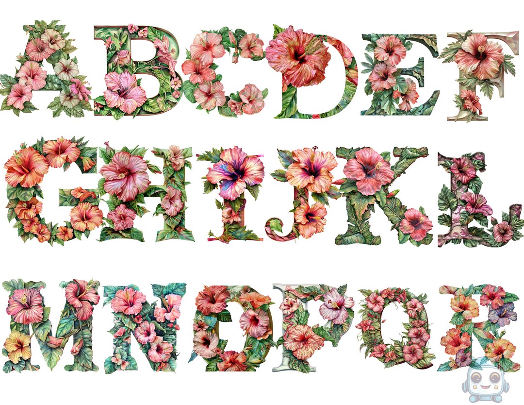 Watercolor Hibiscus Alphabet Clipart , Floral Alphabet, Transparent ...