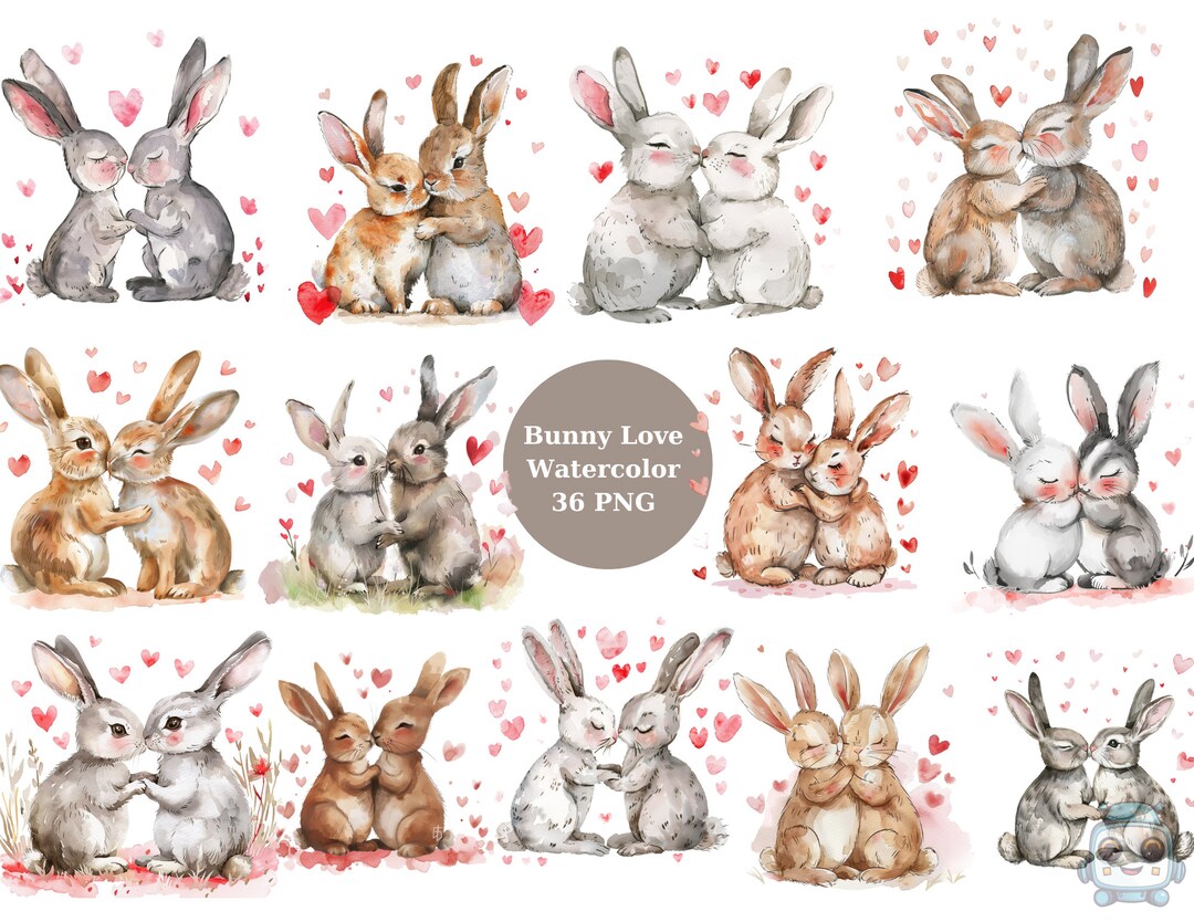 36 Bunny Love Watercolor Clipart, Valentines Day, PNG Digital Files on ...