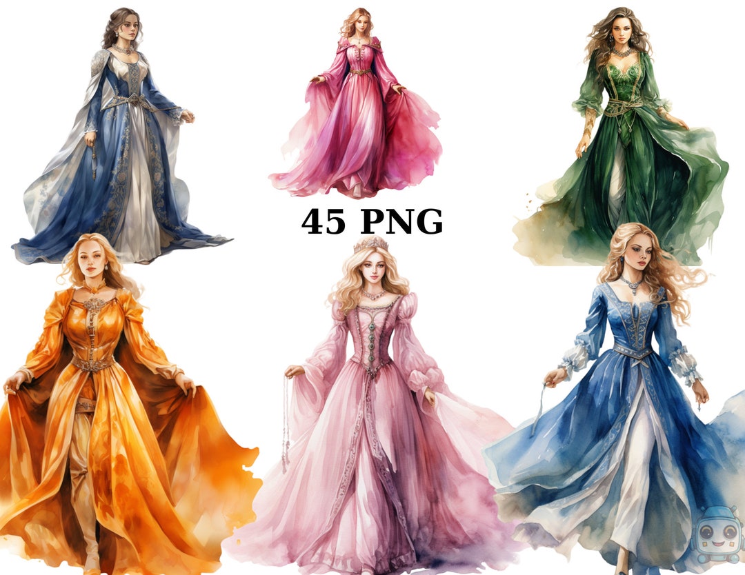 Watercolor 45 Royal Medieval Woman Clipart, PNG Digital Files on ...
