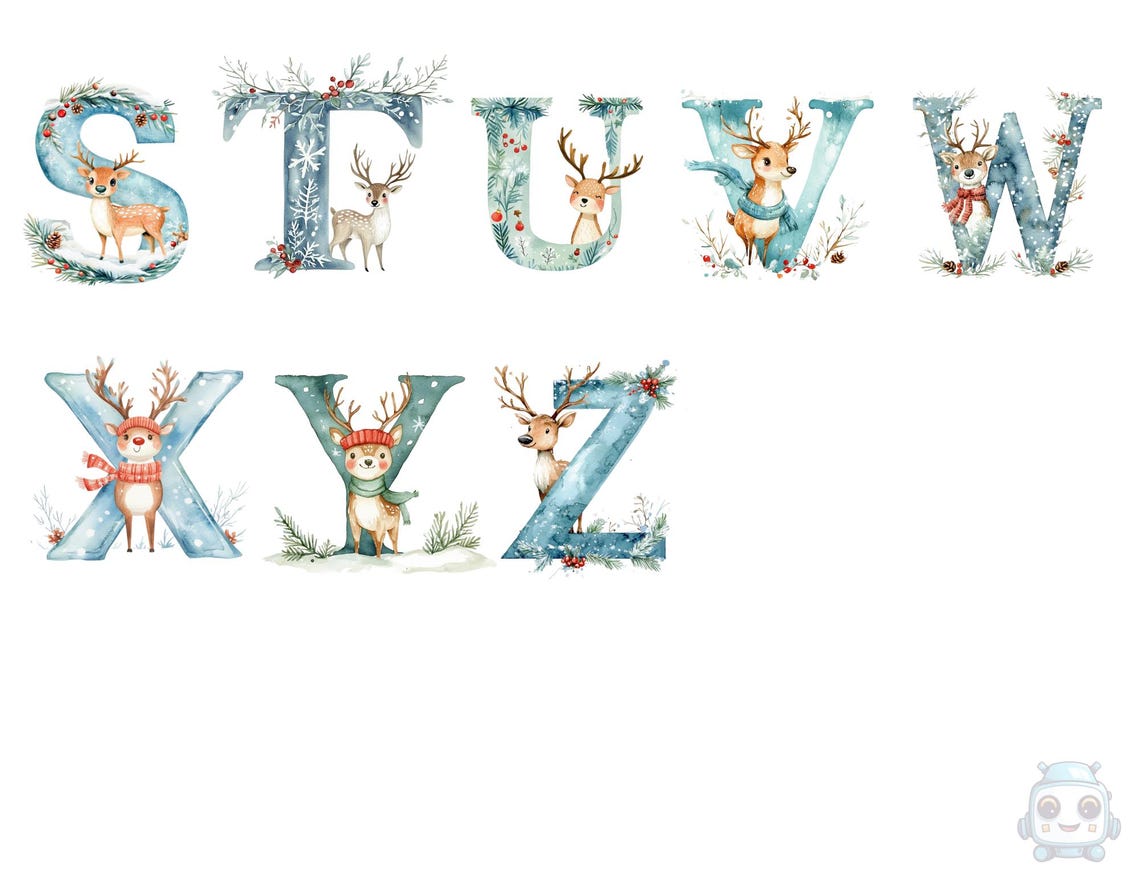 Winter Reindeer Alphabet Clipart, A-Z PNG Letters on Transparent ...