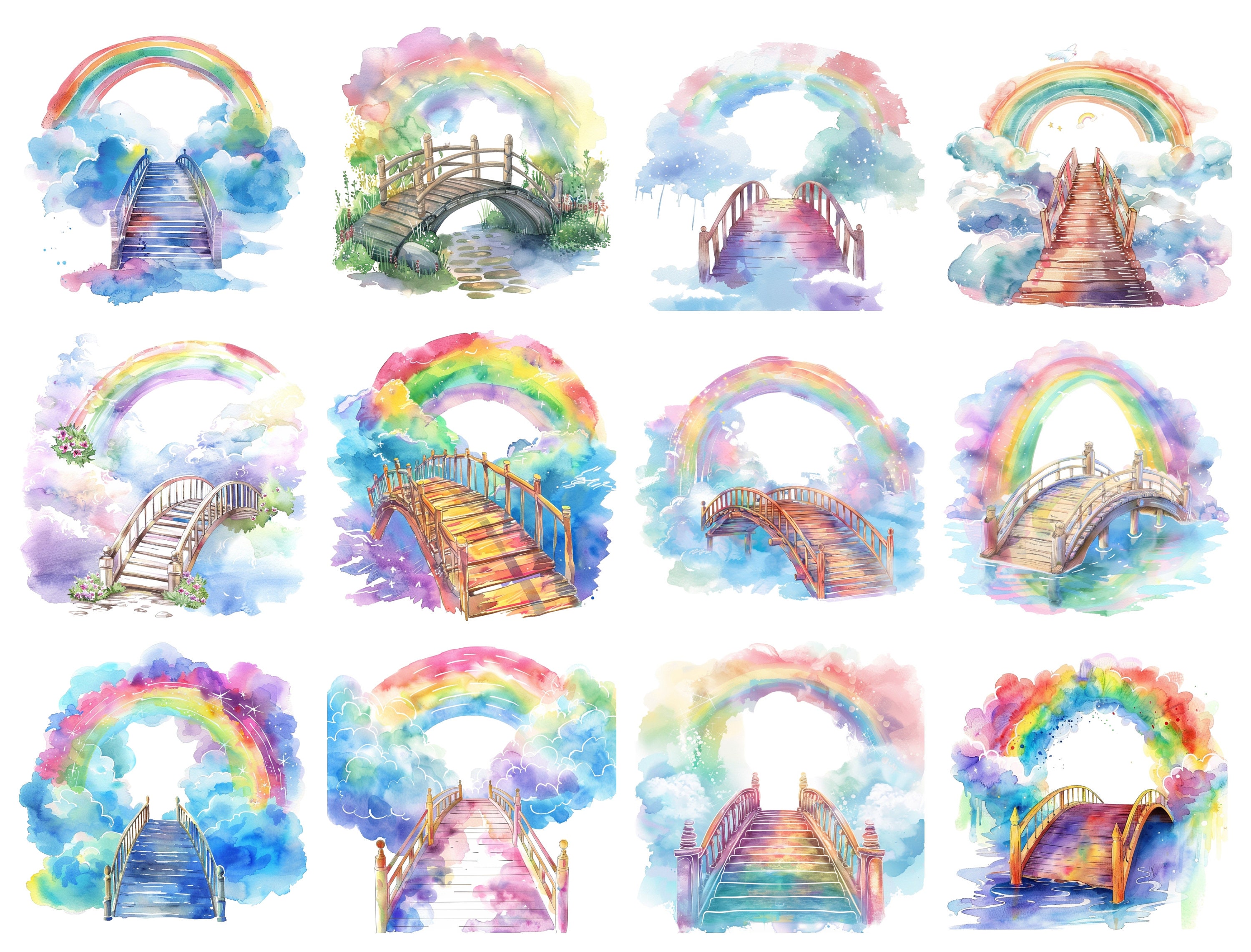 Watercolor Rainbow Bridges Clipart, PNG Digital Files on a Transparent ...