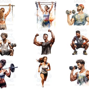 Workout Watercolor Clipart, Exercises Clipart, Fitness PNG, Gym Bundle ...