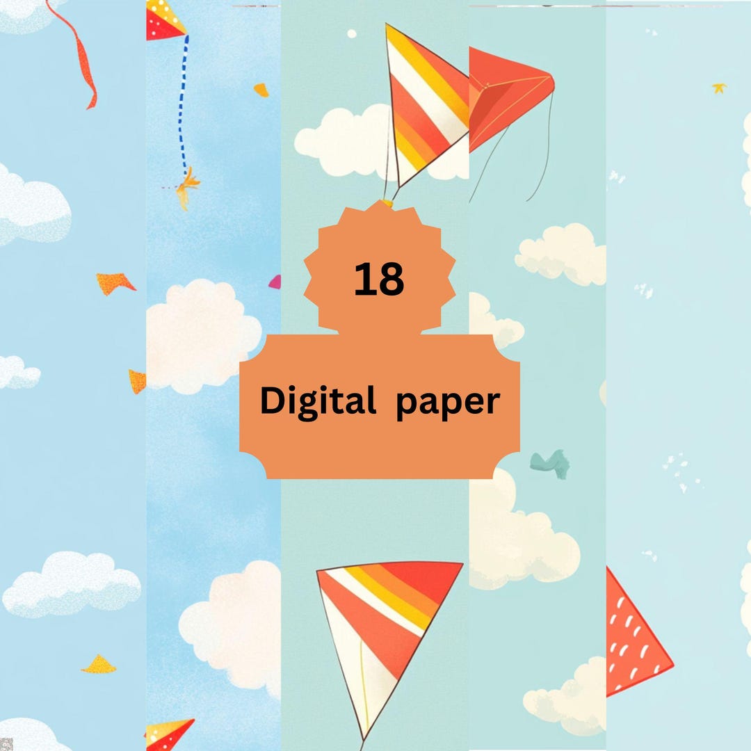 Kite Flying Digital Paper Pack – Blue Sky and Cloud Backgrounds With ...