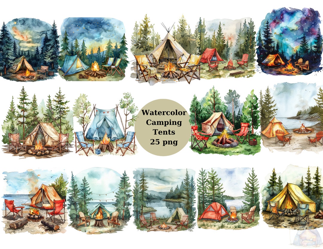 Watercolor Camping Tents Clip Art Graphics in PNG for Commercial Use ...