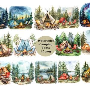 Watercolor Camping Tents Clip Art Graphics in PNG for Commercial Use ...