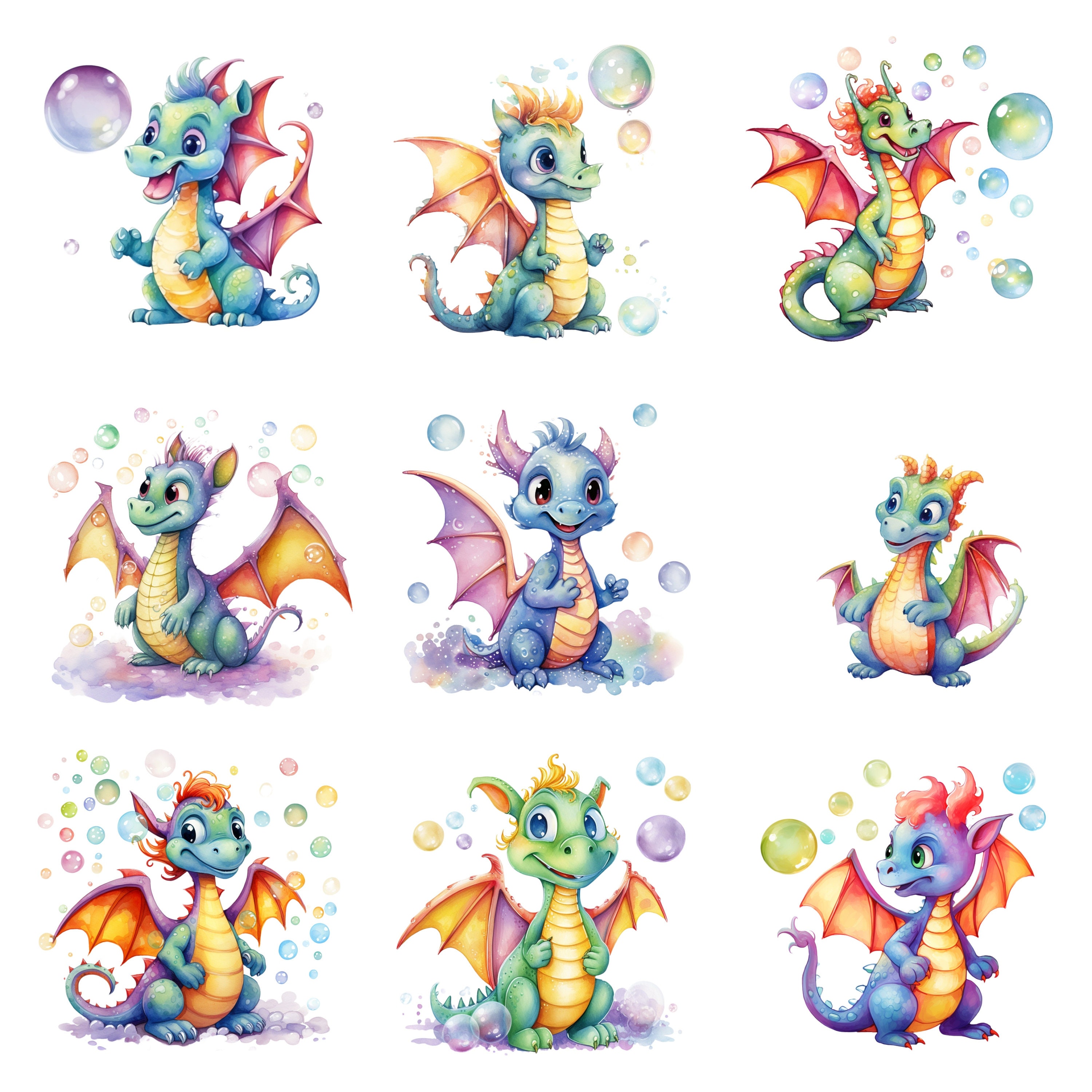 25 Friendly Dragons Watercolor Clipart, Dragon Clipart, Kids Clipart ...