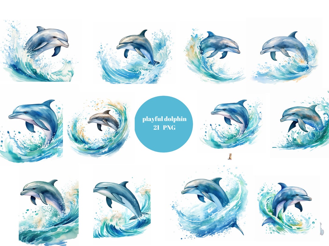 21 Playful Dolphins Watercolor Clipart, Ocean Clipart, PNG Individual ...