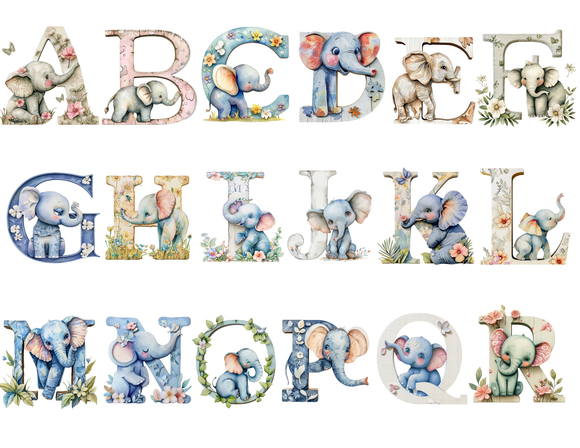 Elephant Alphabet Watercolor, Elephant Letters, Transparent Background ...