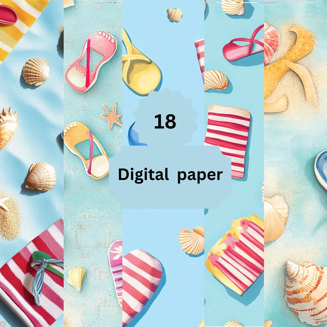 Flip Flop Beach Digital Paper Pack – Summer Towel and Seashell ...