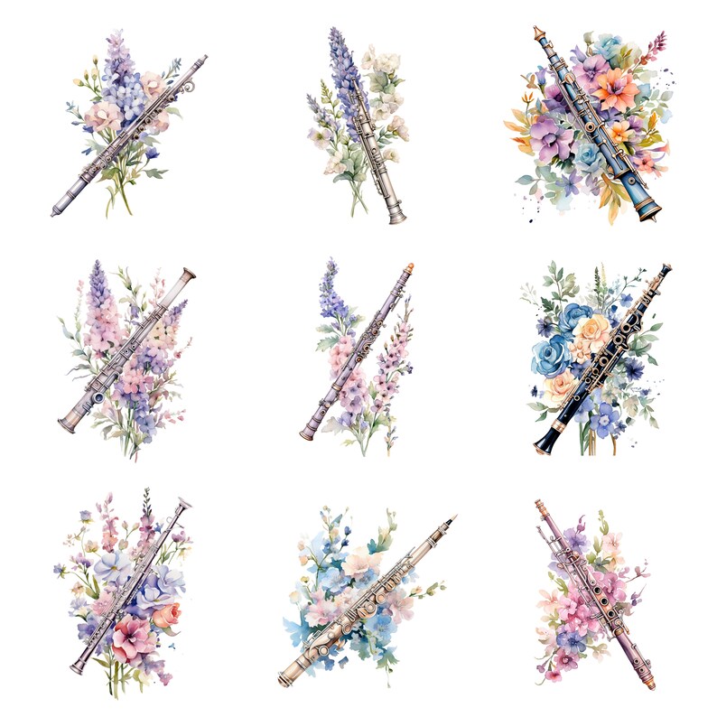 Watercolor Floral Clarinets Clipart, PNG Digital Files on Transparent ...